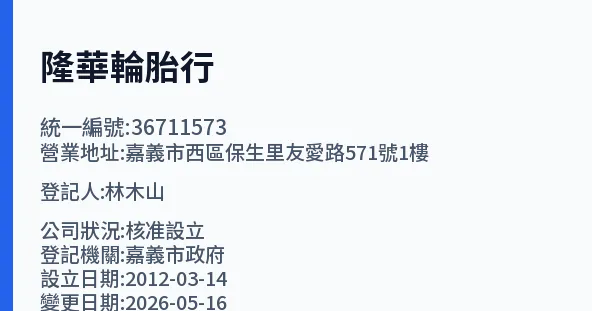 隆華輪胎行的照片-統編 36711573(嘉義市) 公司登記資料與營業項目詳細圖表