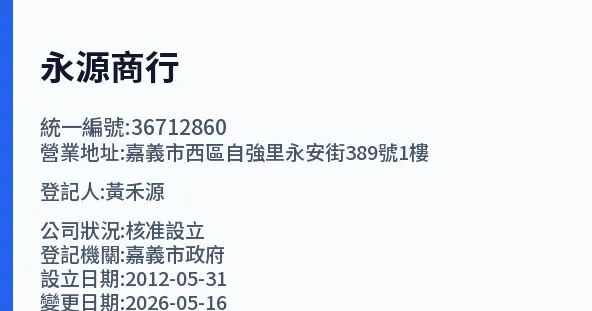 永源商行的照片-統編 36712860(嘉義市) 公司登記資料與營業項目詳細圖表