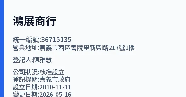 鴻展商行的照片-統編 36715135(嘉義市) 公司登記資料與營業項目詳細圖表