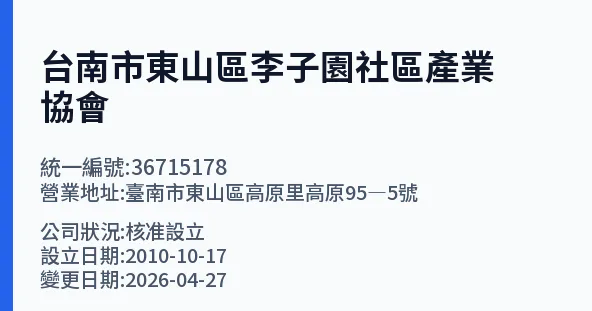 台南市東山區李子園社區產業協會的照片-統編 36715178(臺南市) 公司登記資料與營業項目詳細圖表