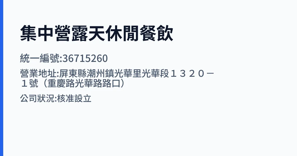 集中營露天休閒餐飲 - 統編 36715260(屏東縣) 公司登記資料與營業項目詳細圖表