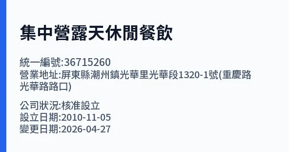集中營露天休閒餐飲的照片-統編 36715260(屏東縣) 公司登記資料與營業項目詳細圖表