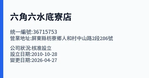 六角六水底寮店的照片-統編 36715753(屏東縣) 公司登記資料與營業項目詳細圖表