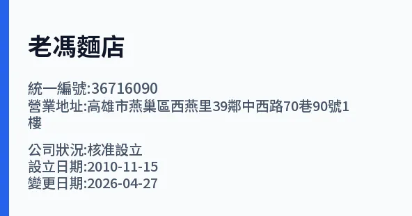 老馮麵店的照片-統編 36716090(高雄市) 公司登記資料與營業項目詳細圖表