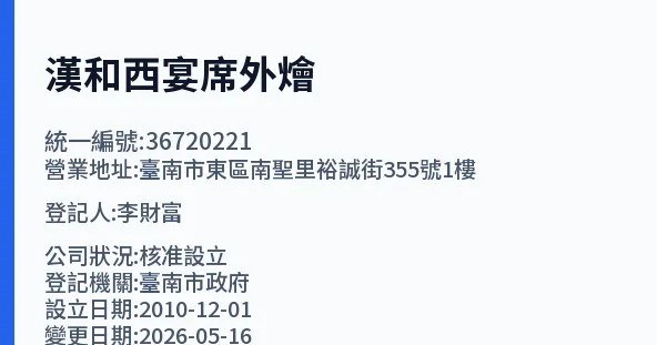 漢和西宴席外燴的照片-統編 36720221(臺南市) 公司登記資料與營業項目詳細圖表