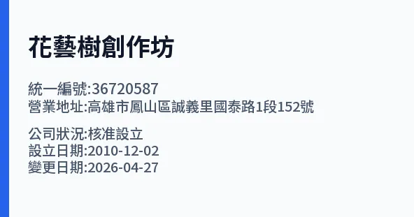 花藝樹創作坊的照片-統編 36720587(高雄市) 公司登記資料與營業項目詳細圖表