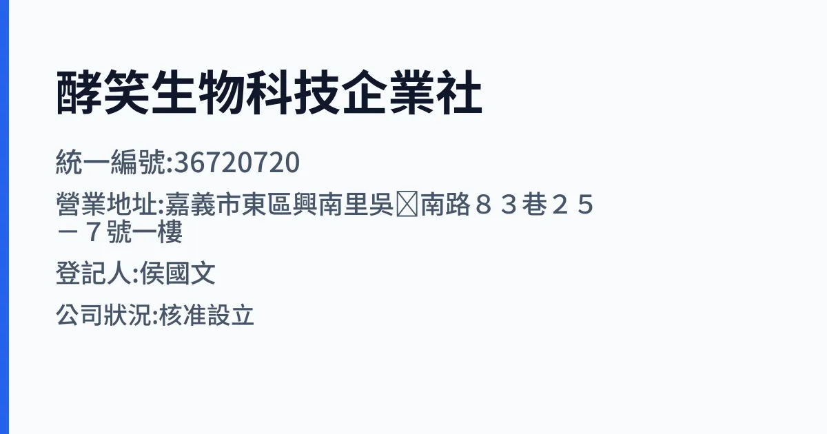 酵笑生物科技企業社 - 統編 36720720(嘉義市) 公司登記資料與營業項目詳細圖表