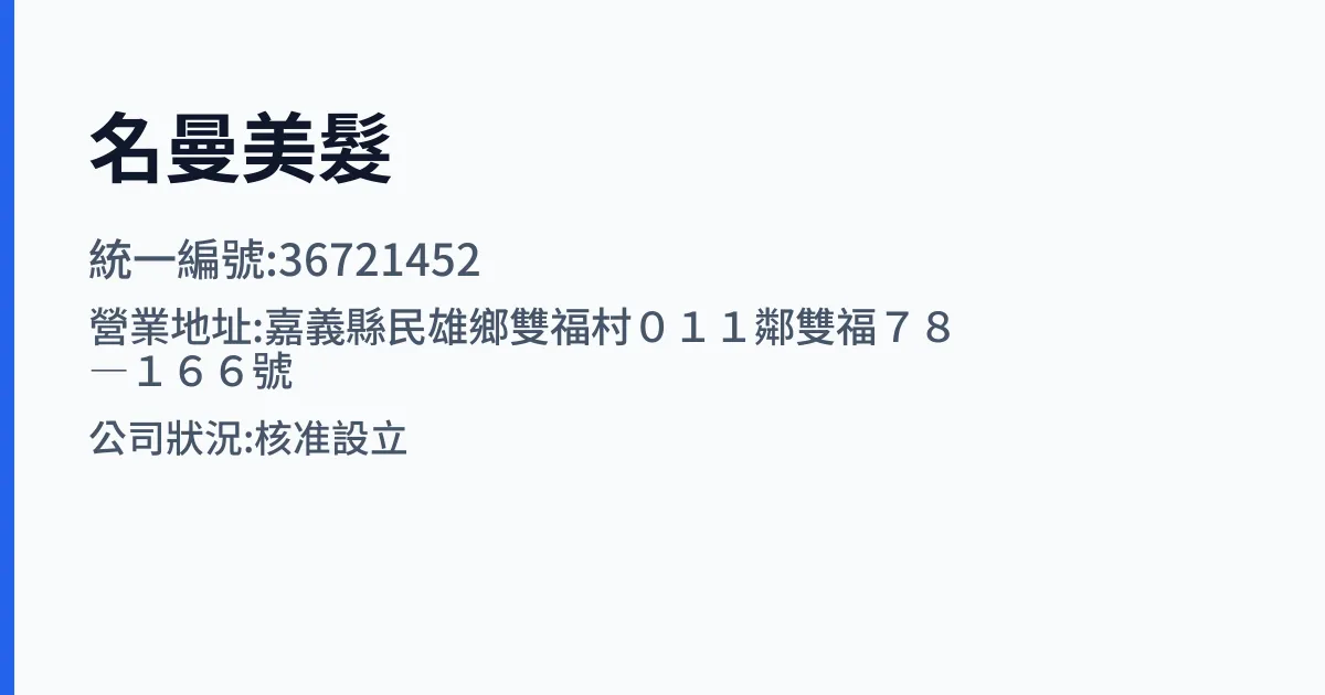 名曼美髮 - 統編 36721452（嘉義縣） 公司登記資料與營業項目詳細圖表