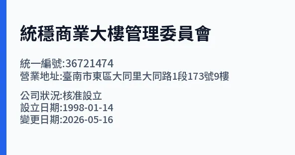 統穩商業大樓管理委員會的照片-統編 36721474(臺南市) 公司登記資料與營業項目詳細圖表