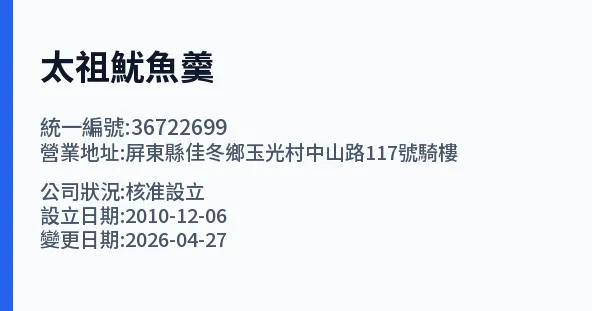 太祖魷魚羹的照片-統編 36722699(屏東縣) 公司登記資料與營業項目詳細圖表