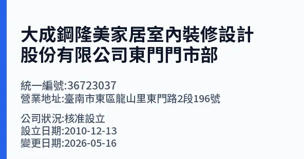 大成鋼隆美家居室內裝修設計股份有限公司東門門市部的照片-統編 36723037(臺南市) 公司登記資料與營業項目詳細圖表