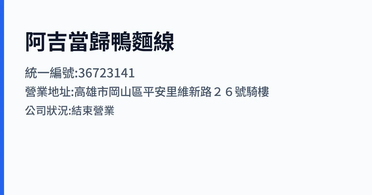 阿吉當歸鴨麵線 - 統編 36723141(高雄市) 公司登記資料與營業項目詳細圖表