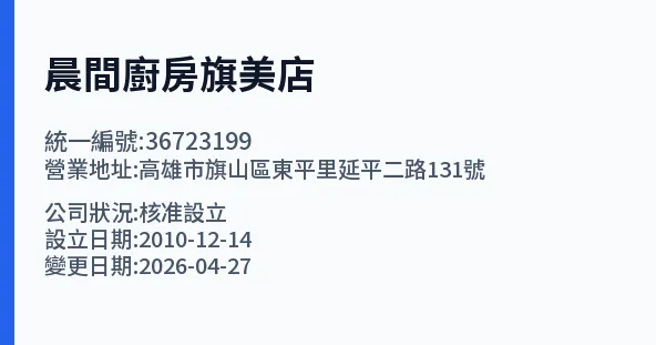 晨間廚房旗美店的照片-統編 36723199(高雄市) 公司登記資料與營業項目詳細圖表