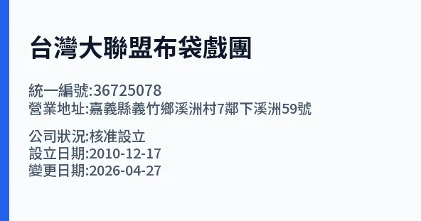 台灣大聯盟布袋戲團的照片-統編 36725078(嘉義縣) 公司登記資料與營業項目詳細圖表