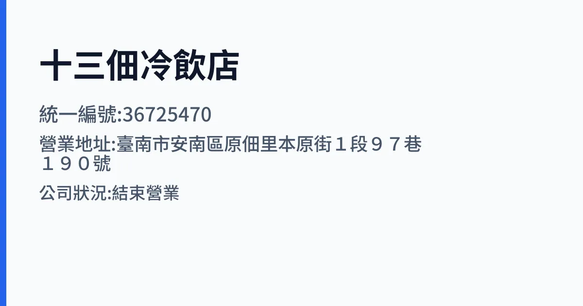 十三佃冷飲店 - 統編 36725470(臺南市) 公司登記資料與營業項目詳細圖表
