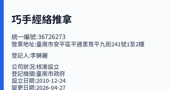 巧手經絡推拿的照片-統編 36726273(臺南市) 公司登記資料與營業項目詳細圖表