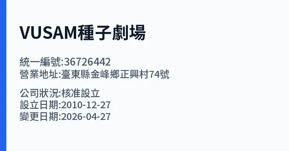 VUSAM種子劇場的照片-統編 36726442(臺東縣) 公司登記資料與營業項目詳細圖表
