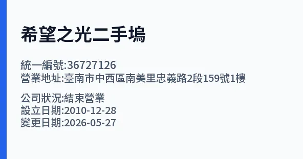 希望之光二手塢的照片-統編 36727126(臺南市) 公司登記資料與營業項目詳細圖表