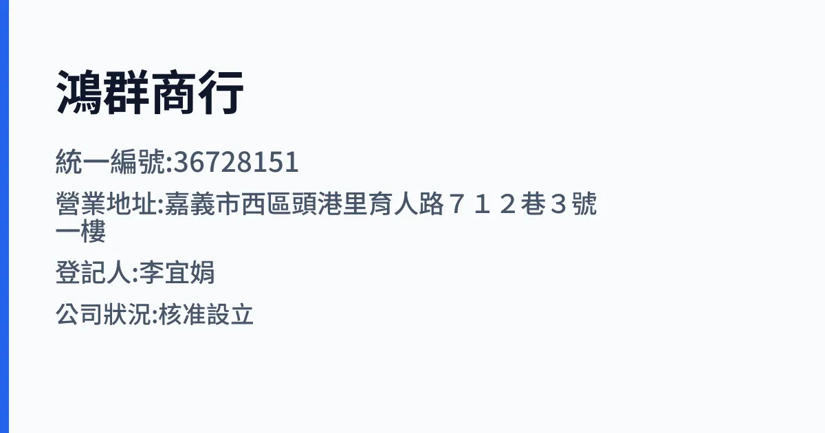 鴻群商行 - 統編 36728151(嘉義市) 公司登記資料與營業項目詳細圖表