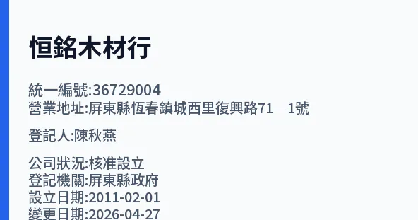 恒銘木材行的照片-統編 36729004(屏東縣) 公司登記資料與營業項目詳細圖表