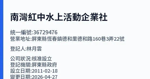 南灣紅中水上活動企業社的照片-統編 36729476(屏東縣) 公司登記資料與營業項目詳細圖表