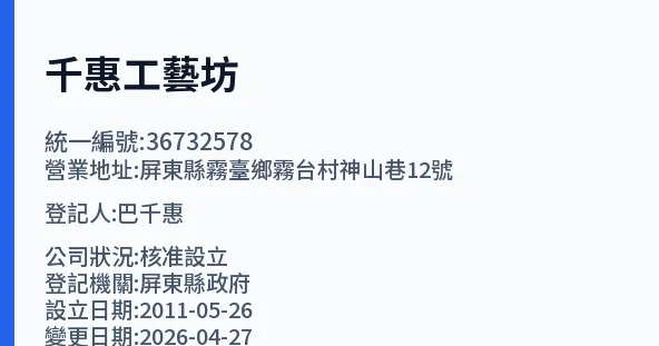 千惠工藝坊的照片-統編 36732578(屏東縣) 公司登記資料與營業項目詳細圖表