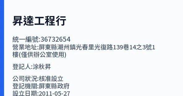昇達工程行的照片-統編 36732654(屏東縣) 公司登記資料與營業項目詳細圖表