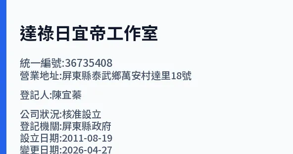 達祿日宜帝工作室的照片-統編 36735408(屏東縣) 公司登記資料與營業項目詳細圖表