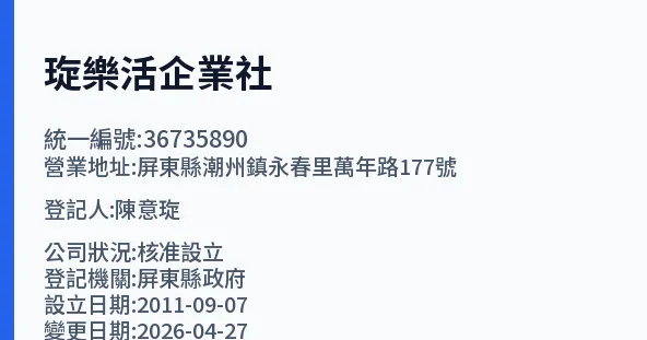 琁樂活企業社的照片-統編 36735890(屏東縣) 公司登記資料與營業項目詳細圖表