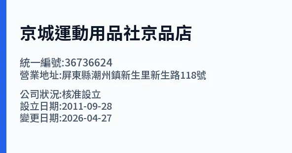 京城運動用品社京品店的照片-統編 36736624(屏東縣) 公司登記資料與營業項目詳細圖表