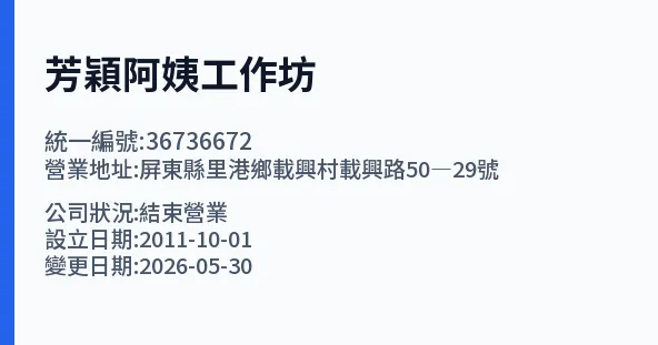 芳穎阿姨工作坊的照片-統編 36736672(屏東縣) 公司登記資料與營業項目詳細圖表