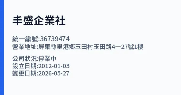 丰盛企業社的照片-統編 36739474(屏東縣) 公司登記資料與營業項目詳細圖表