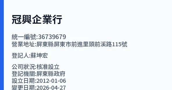 冠興企業行的照片-統編 36739679(屏東縣) 公司登記資料與營業項目詳細圖表