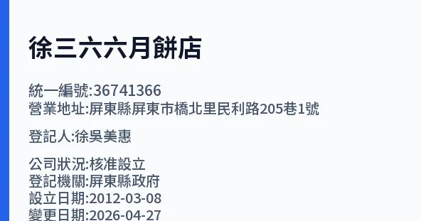 徐三六六月餅店的照片-統編 36741366(屏東縣) 公司登記資料與營業項目詳細圖表