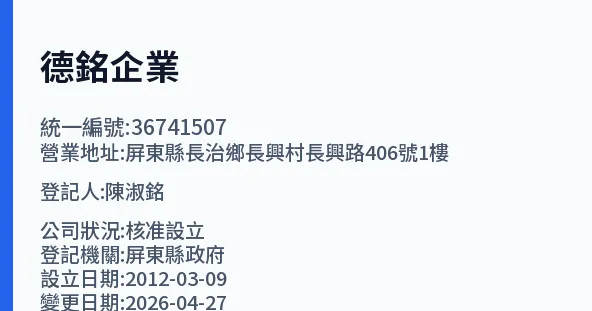 德銘企業的照片-統編 36741507(屏東縣) 公司登記資料與營業項目詳細圖表