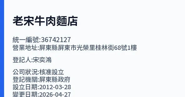 老宋牛肉麵店的照片-統編 36742127(屏東縣) 公司登記資料與營業項目詳細圖表