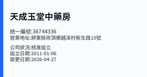 天成玉堂中藥房的照片-統編 36744336(屏東縣) 公司登記資料與營業項目詳細圖表