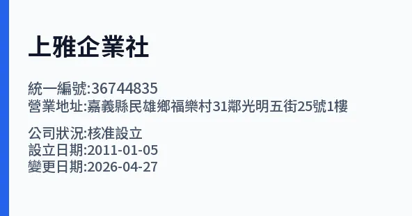 上雅企業社的照片-統編 36744835(嘉義縣) 公司登記資料與營業項目詳細圖表