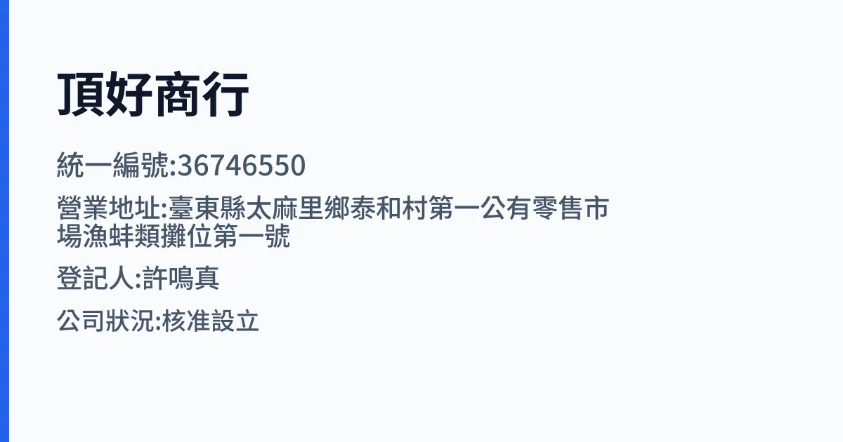 頂好商行 - 統編 36746550(臺東縣) 公司登記資料與營業項目詳細圖表