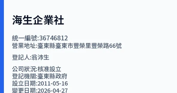 海生企業社的照片-統編 36746812(臺東縣) 公司登記資料與營業項目詳細圖表