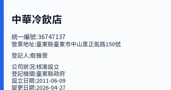 中華冷飲店的照片-統編 36747137(臺東縣) 公司登記資料與營業項目詳細圖表