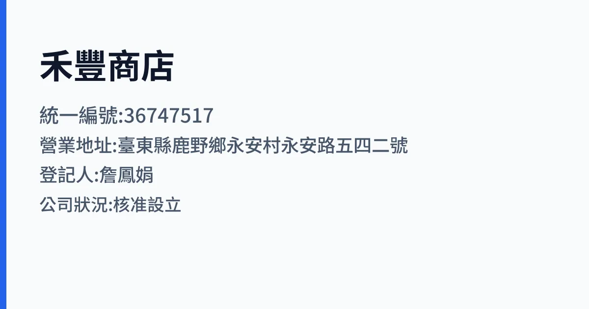 禾豐商店 - 統編 36747517(臺東縣) 公司登記資料與營業項目詳細圖表