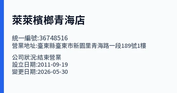 萊萊檳榔青海店的照片-統編 36748516(臺東縣) 公司登記資料與營業項目詳細圖表