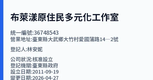 布萊漾原住民多元化工作室的照片-統編 36748543(臺東縣) 公司登記資料與營業項目詳細圖表