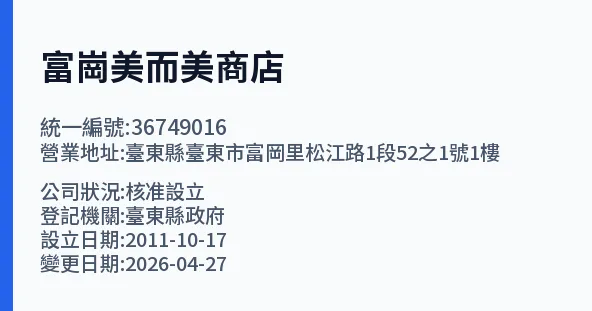 富崗美而美商店的照片-統編 36749016(臺東縣) 公司登記資料與營業項目詳細圖表