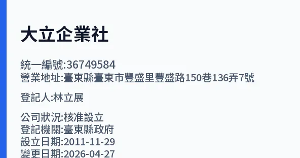 大立企業社的照片-統編 36749584(臺東縣) 公司登記資料與營業項目詳細圖表