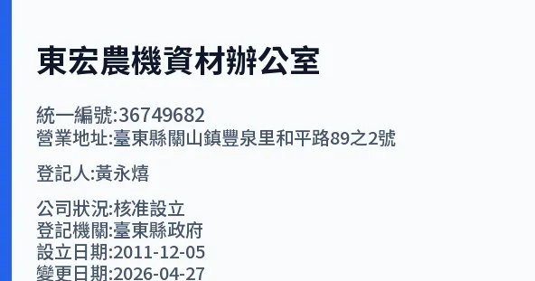 東宏農機資材辦公室的照片-統編 36749682(臺東縣) 公司登記資料與營業項目詳細圖表