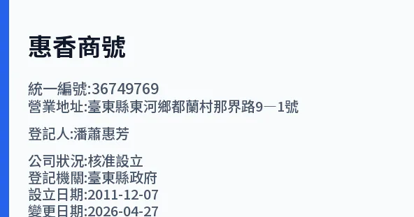 惠香商號的照片-統編 36749769(臺東縣) 公司登記資料與營業項目詳細圖表