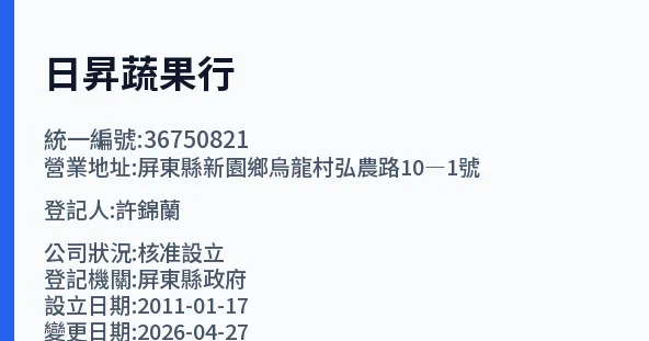 日昇蔬果行的照片-統編 36750821(屏東縣) 公司登記資料與營業項目詳細圖表