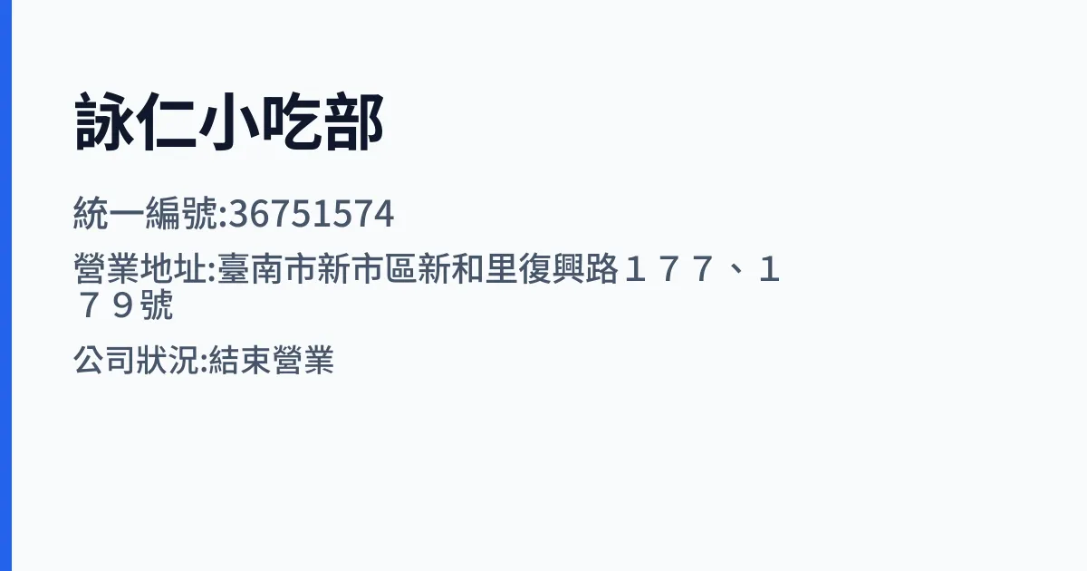 詠仁小吃部 - 統編 36751574(臺南市) 公司登記資料與營業項目詳細圖表